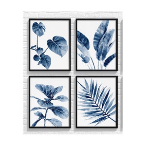 Monstera Painting Deliciosa Set of 4 Prints Fan Palm Exotic Blue ...