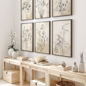 Modern Farmhouse Set of 6 Prints, Black Flowers on Rustic Background ...