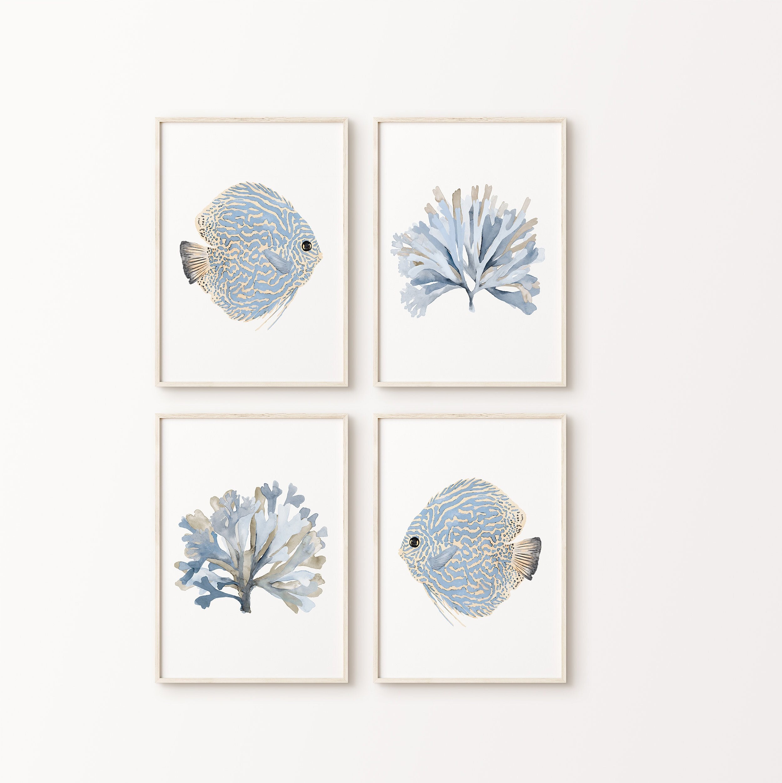 Discus Fish and Seaweed Wall Art – Minimalist Set of 4 Prints, Light ...