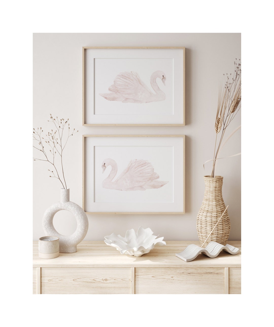 Set of 2 Blush Pink Swan Prints – Extra Large Minimalist Wall Art ...
