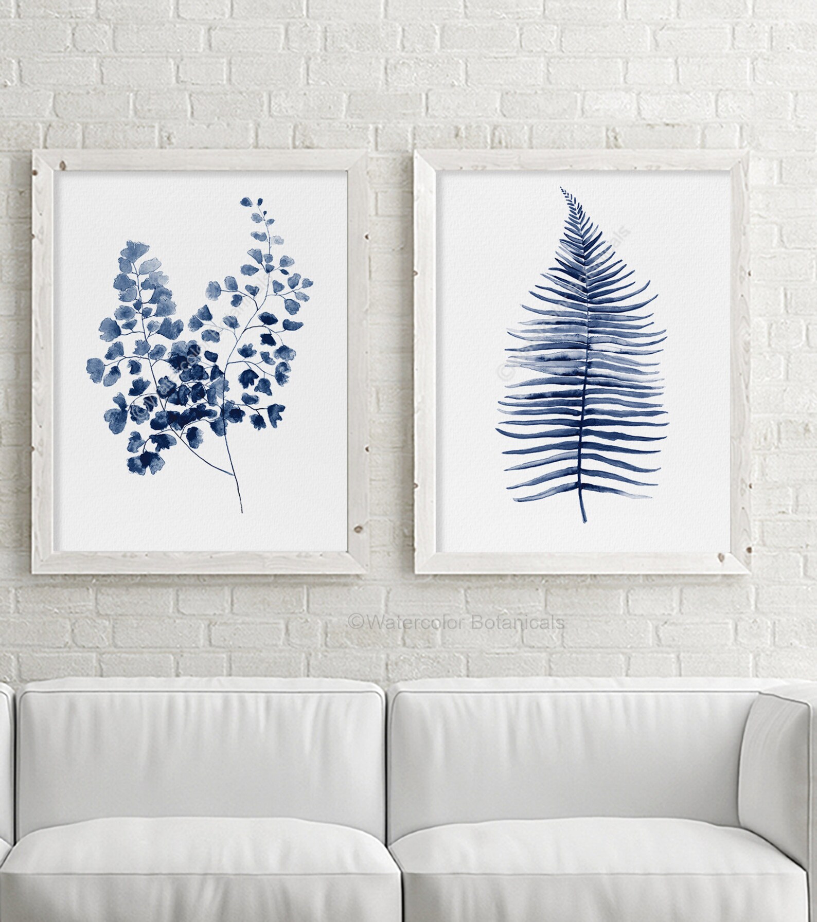 Navy Blue Watercolor Fern Set of 2 Prints Botanical Print Leaf - Etsy
