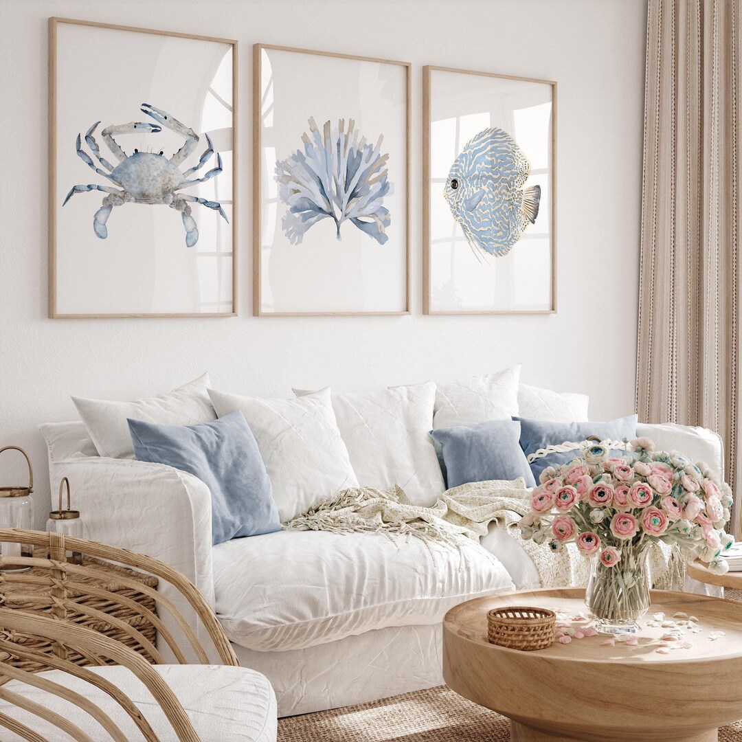Blue Coastal Wall Art Set of 3 – Coral, Crab & Fish Watercolor Prints ...