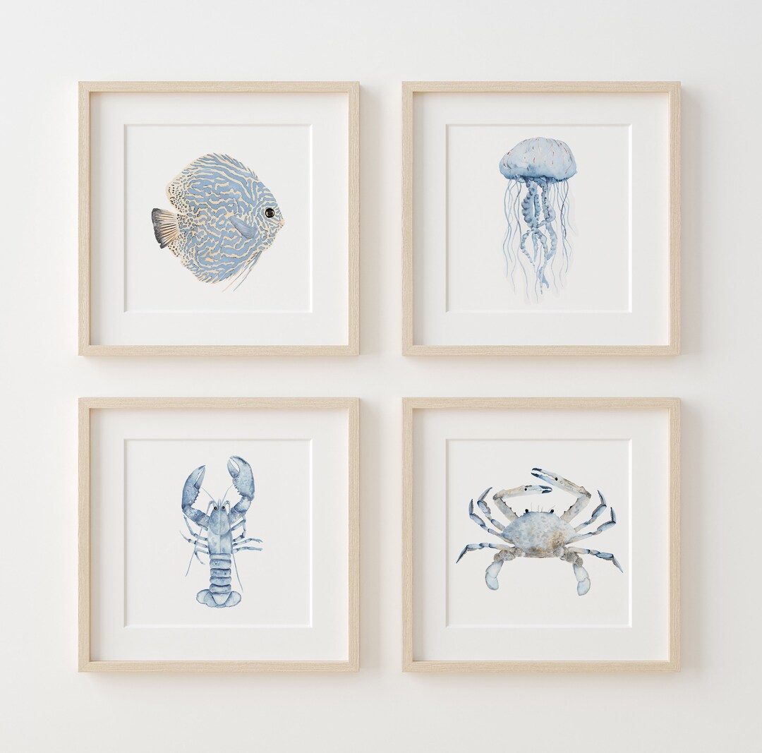 Vibrant Sea Creature Watercolor Prints Set of 4 Coastal Artworks ...
