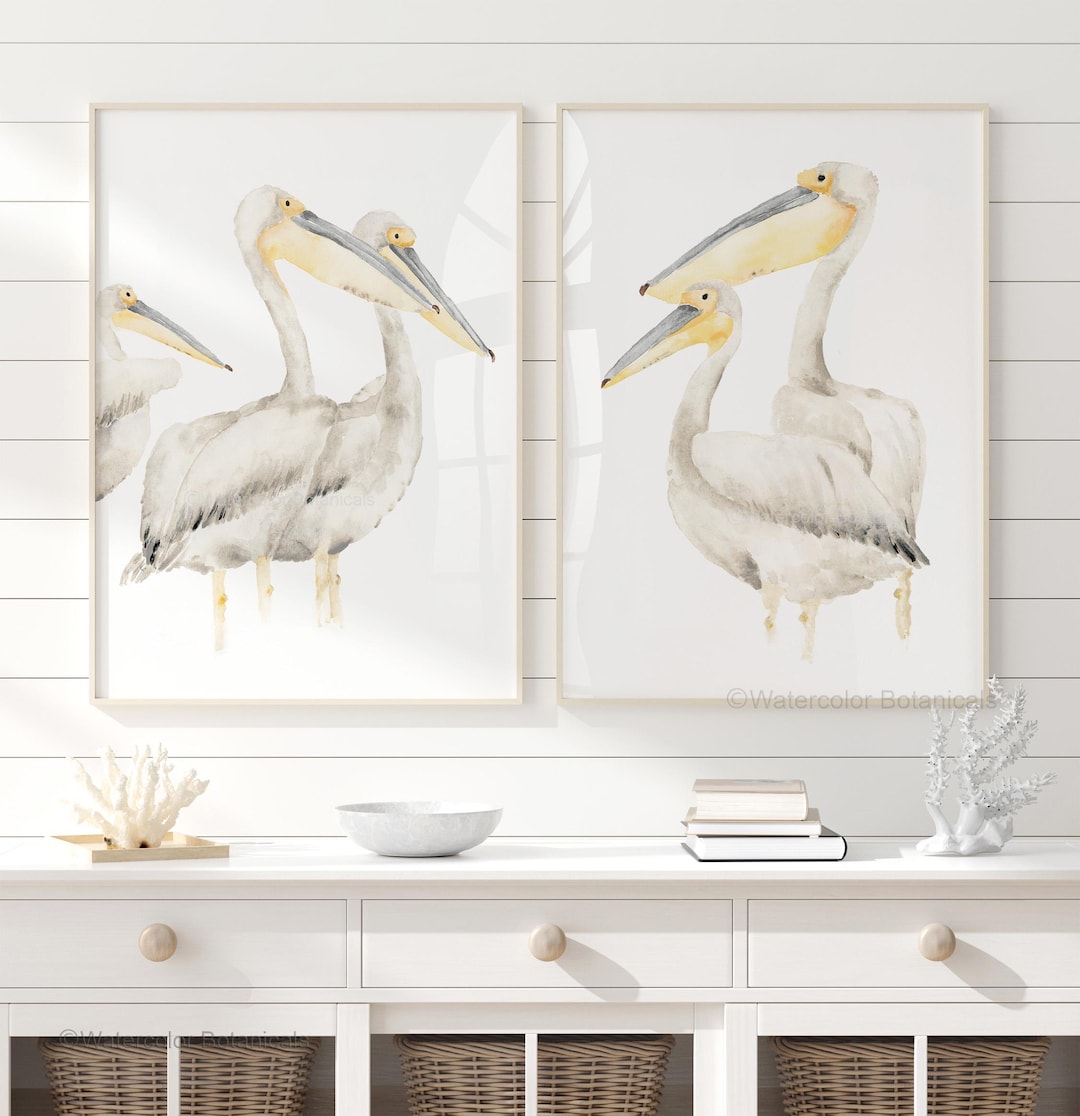 Large Coastal Birds Wall Art – Watercolor Pelican Set of 2 Prints ...