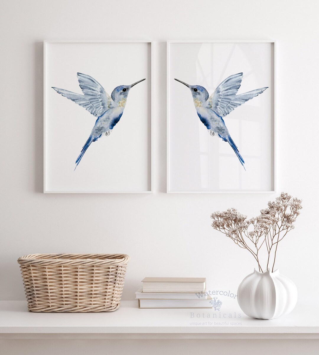 Minimal Blue Birds – Set of 2 Watercolor Hummingbird Prints for Nordic ...