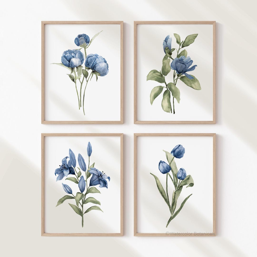 Blue Watercolor Floral Prints – Set of 4 Minimalist Botanical Art ...