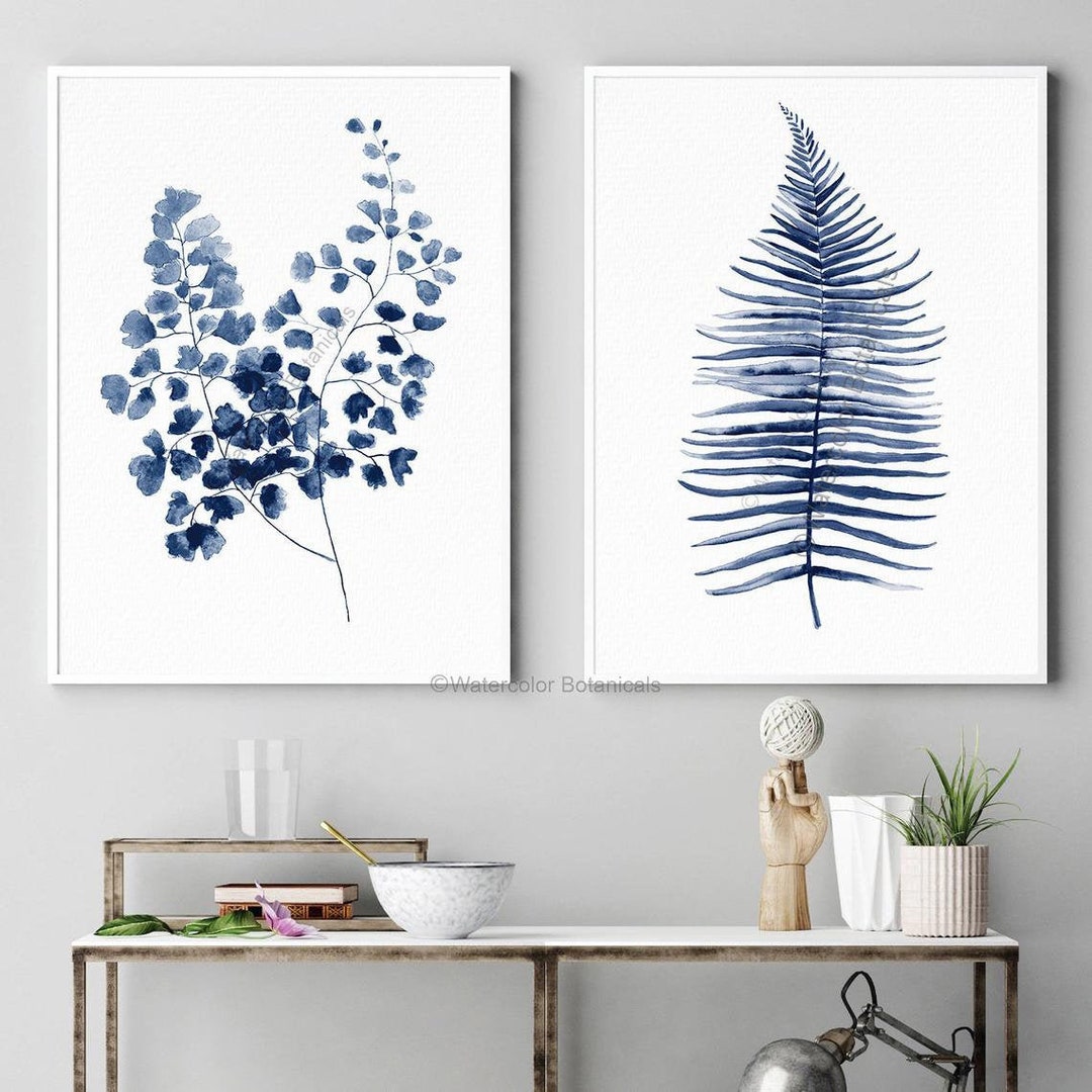 Navy Blue Watercolor Fern Set of 2 Prints Botanical Print Leaf - Etsy