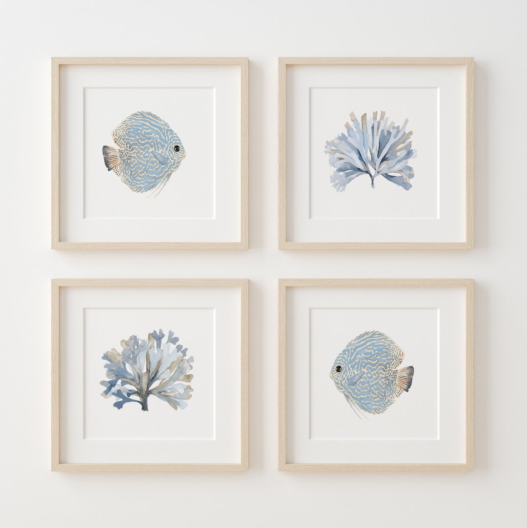 Set of 4 Prints Depicting Discus Fish and Watercolor Seaweeds ...