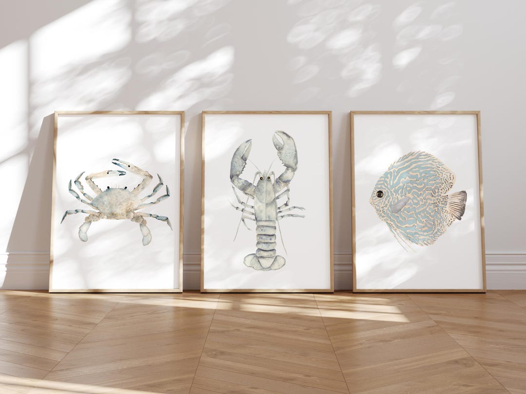 Neutral Watercolor Crab Lobster Discus Fish, Minimalist Sea Life Set of ...
