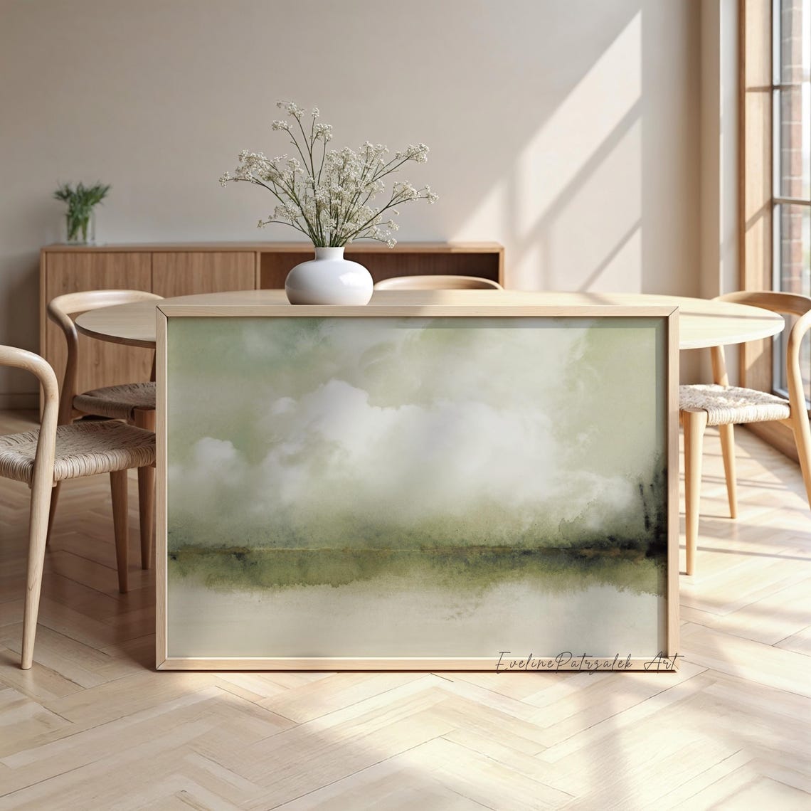 Moss Green Landscape Duo – Soft Watercolor Horizon Prints, Minimal ...