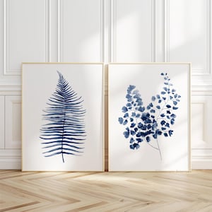 Navy Blue Watercolor Fern Set of 2 Prints Botanical Print Leaf Nature ...
