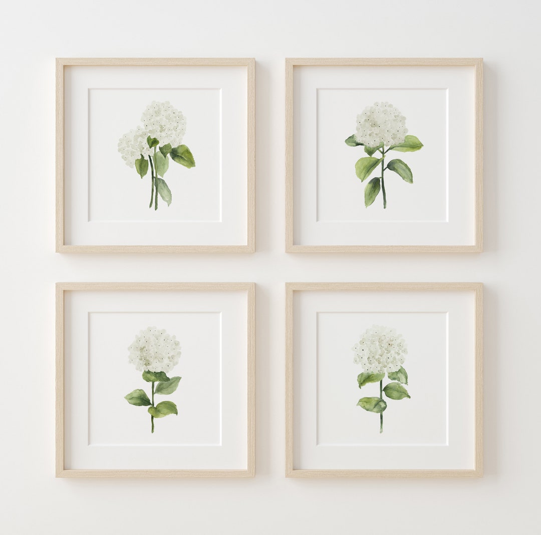 Watercolor White Hydrangea Set of 4 Prints, Minimalist Wall Decor ...