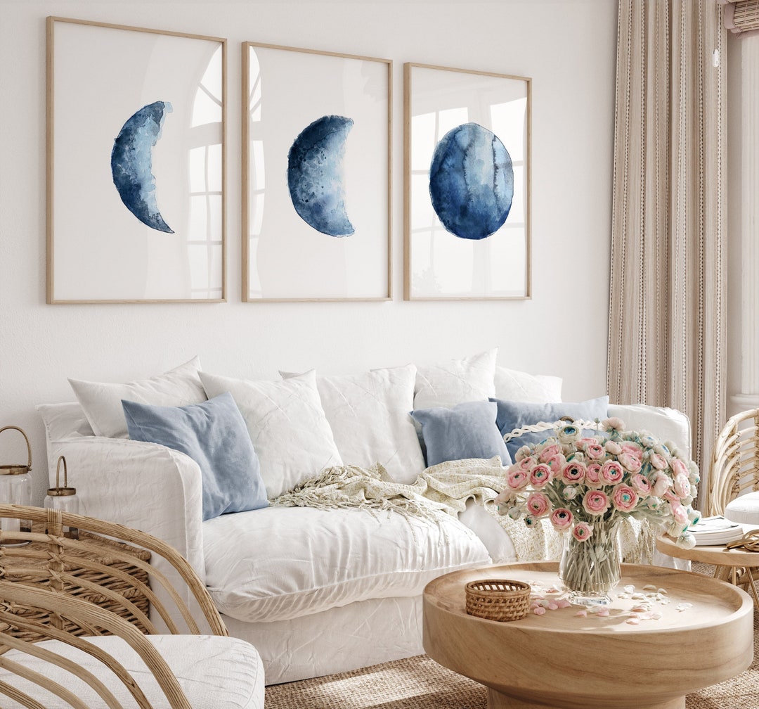 Watercolor Moon Phases, Set of 3 Prints, Navy Blue Indigo Crescent ...