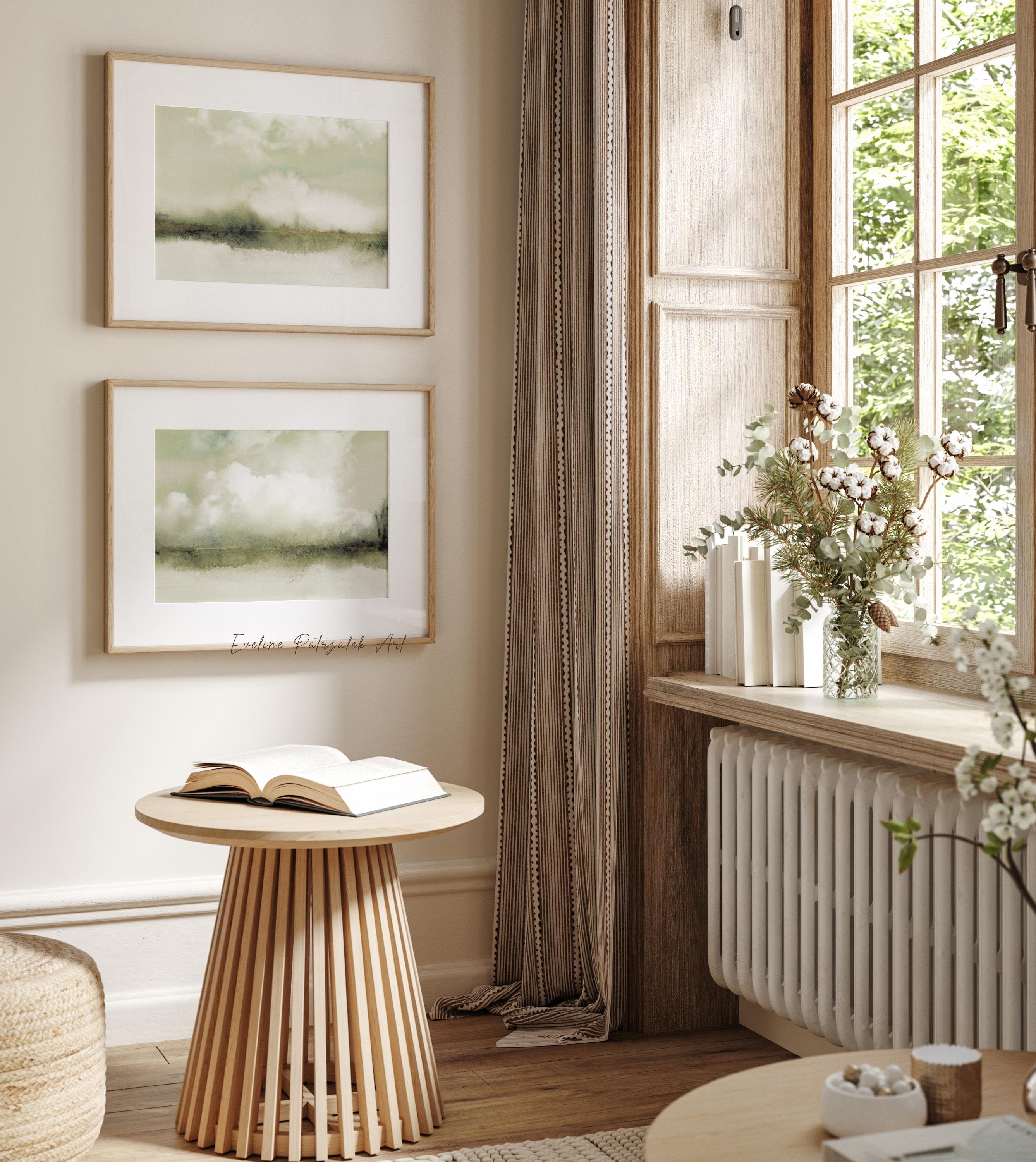 Moss Green Landscape Duo – Soft Watercolor Horizon Prints, Minimal ...