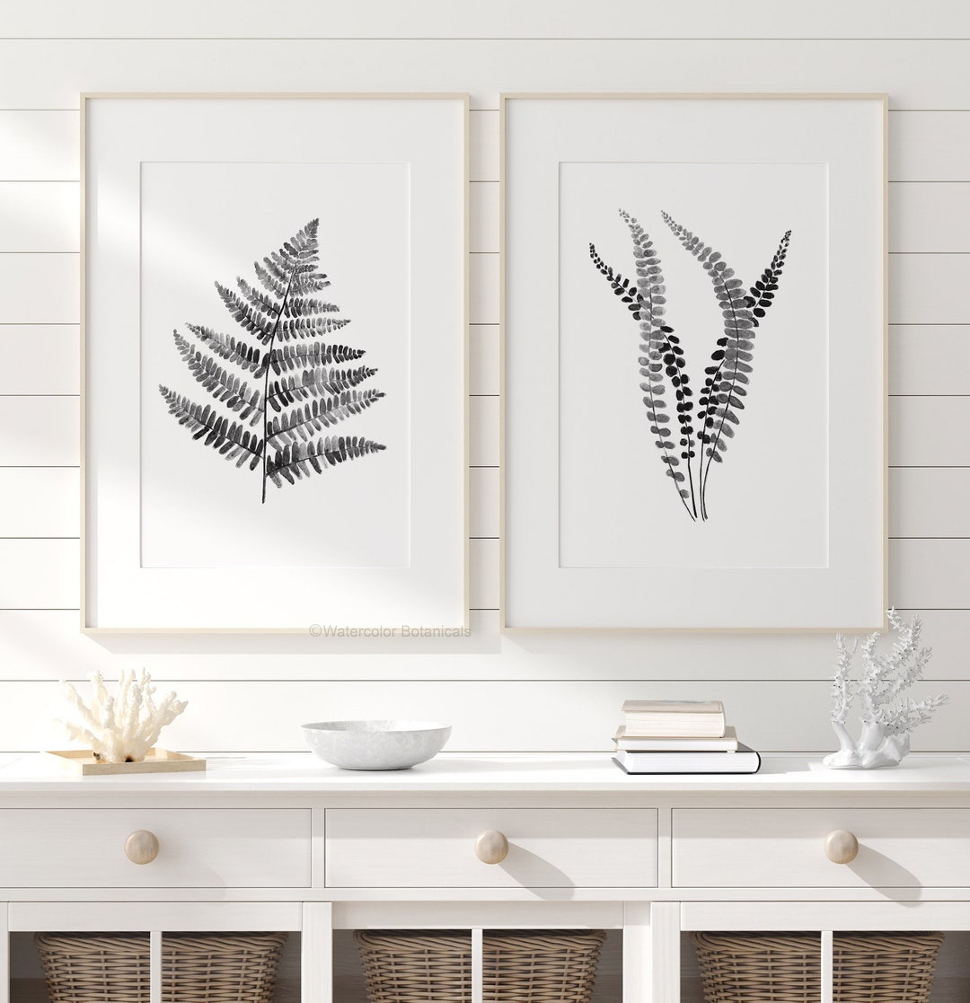 Watercolor Fern Print, Set of 2 Fine Art Posters, Black and White Art ...