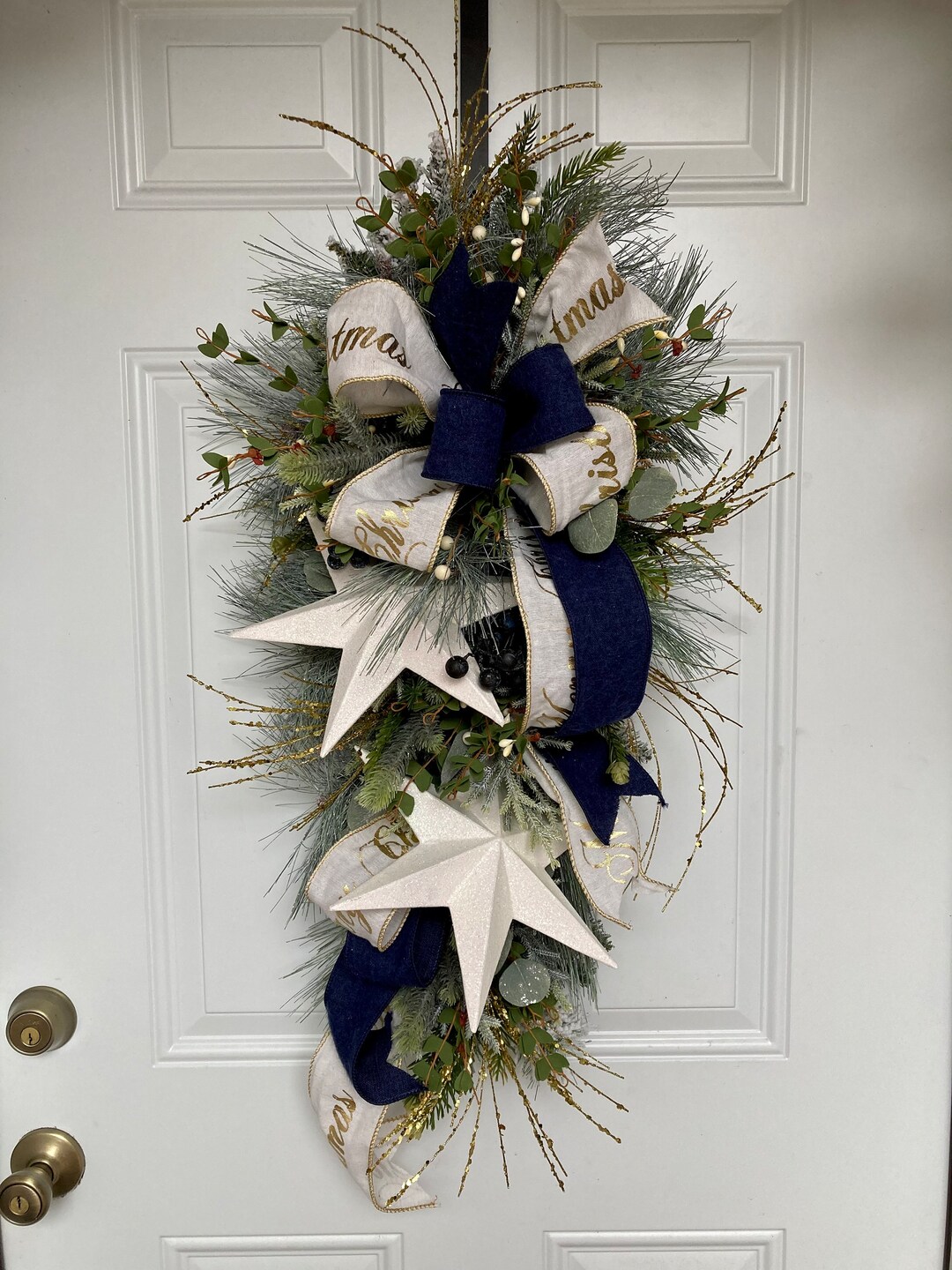 Cream and Navy Swag, Christmas Swag, Christmas Decor, Winter, Stars ...
