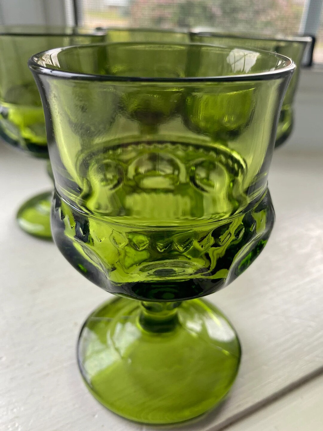 Vintage Green Indiana Glass Kings Crown Thumbprint Goblets Wine Sherry ...