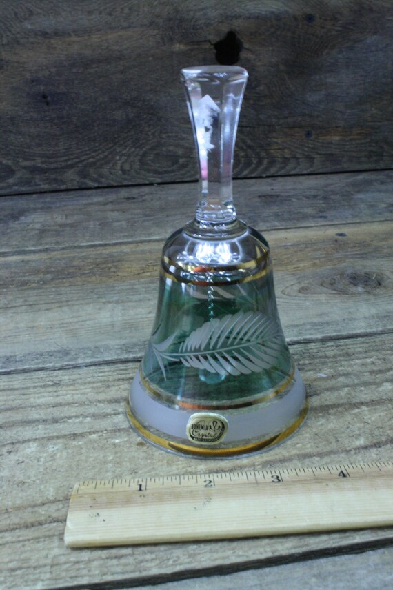 Vintage Bohemia Crystal Bell Czechoslovakia Green and gold | Etsy