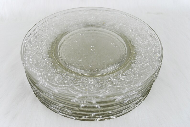 Vintage 7 Floral Etched Pattern Clear Glass Side Salad Plates Etsy