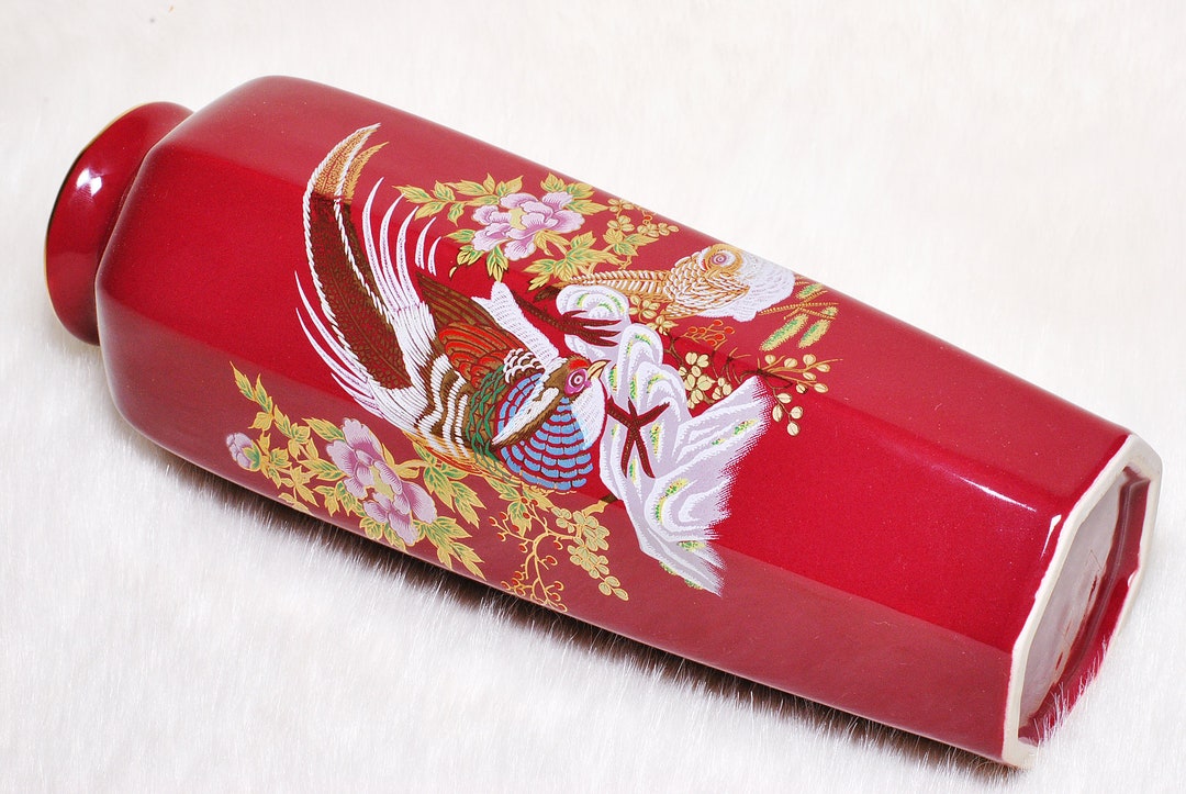 Vintage Collectible Bijutsu Toki Japan Pottery Pheasant Birds Red Gold ...