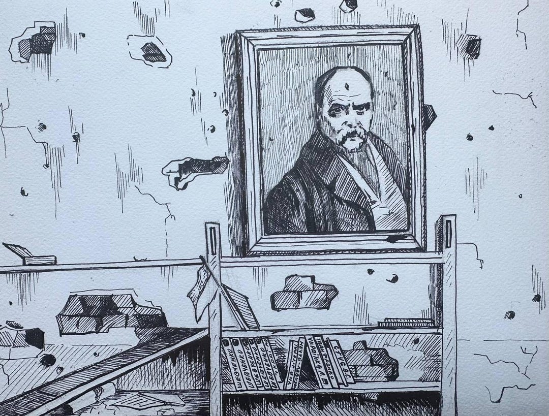War Art: Shevchenko Portrait on Bullet-riddled Wall, Original Drawing ...