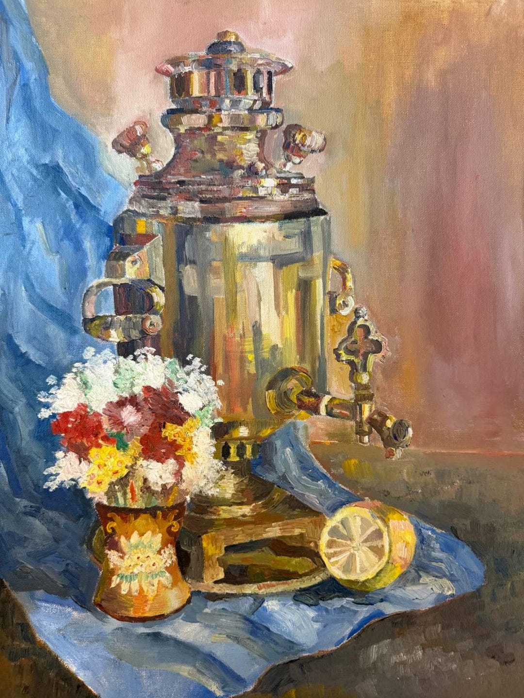 Original Oil Still Life Painting – Samovar & Flowers – 40x50 Cm ...