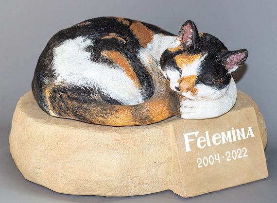 Calico Cat Memorial Urn cremation Statue Pet Ashes sleeping - Etsy