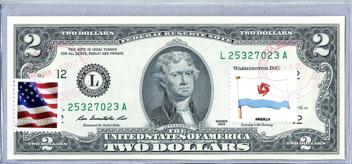 US Dollar Bill *paper Money US *federal Reserve Note *two Dollar Stamps ...