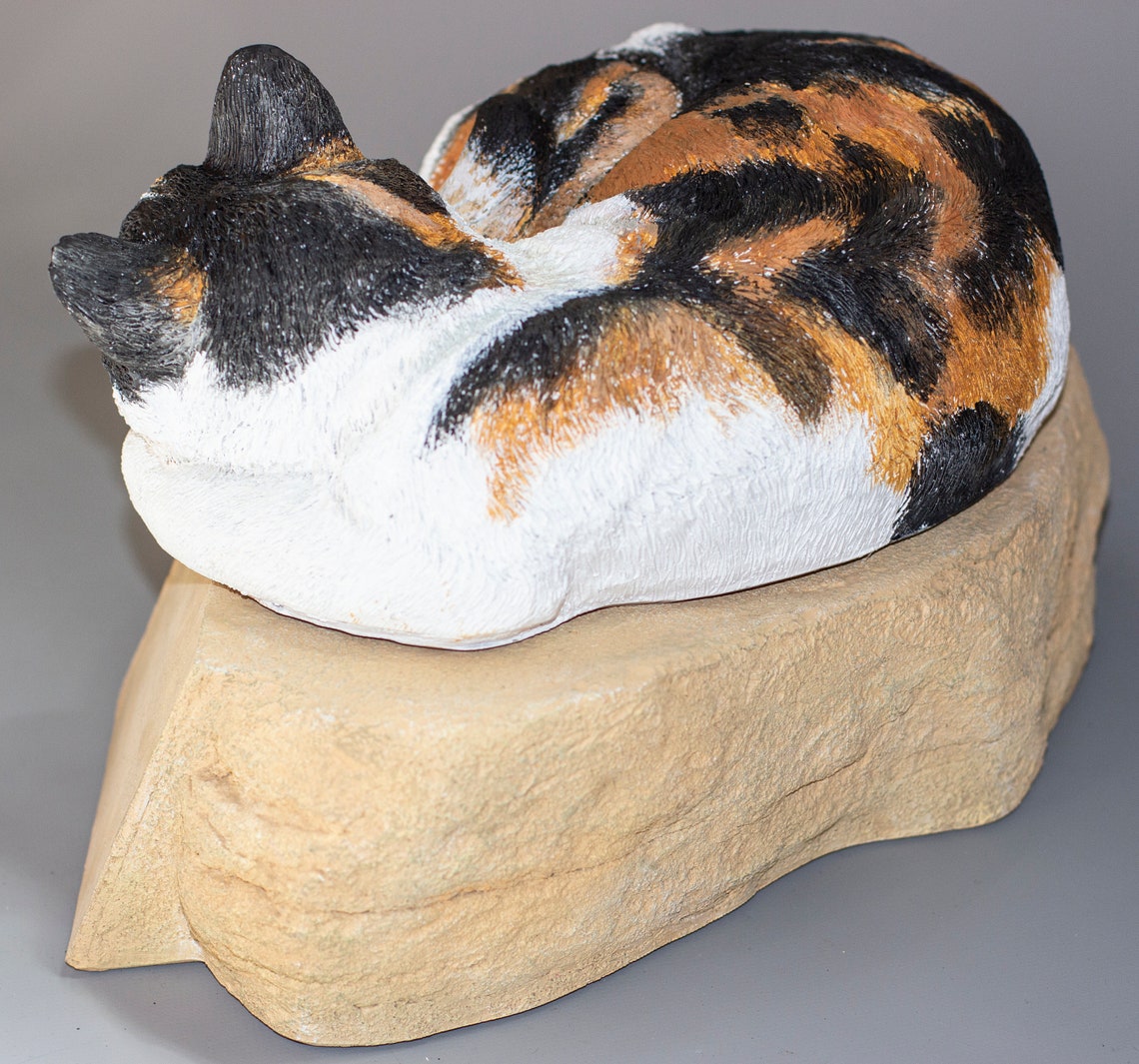 Calico Cat Memorial Urn cremation Statue Pet Ashes sleeping - Etsy