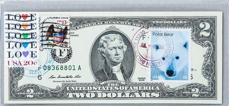 2 Dollar Stamps *two Dollar Bill *paper Money US *federal Reserve Note ...
