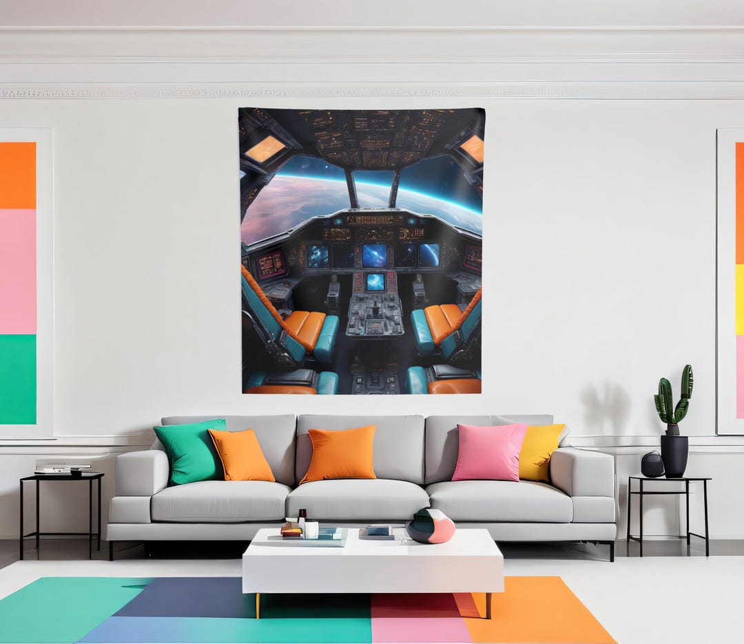 Science Fiction Ship Cockpit Flying in Space Over Blue World Wall ...