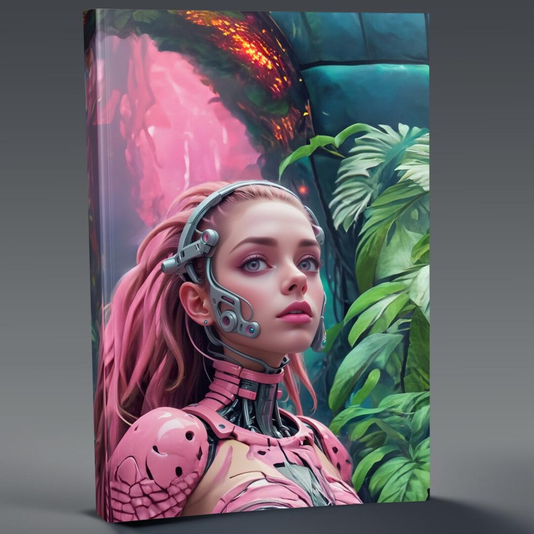 Premade Sci-fi Cover -pink Cyborg Woman With Headset Outside With Plants and Stone Wall for ...