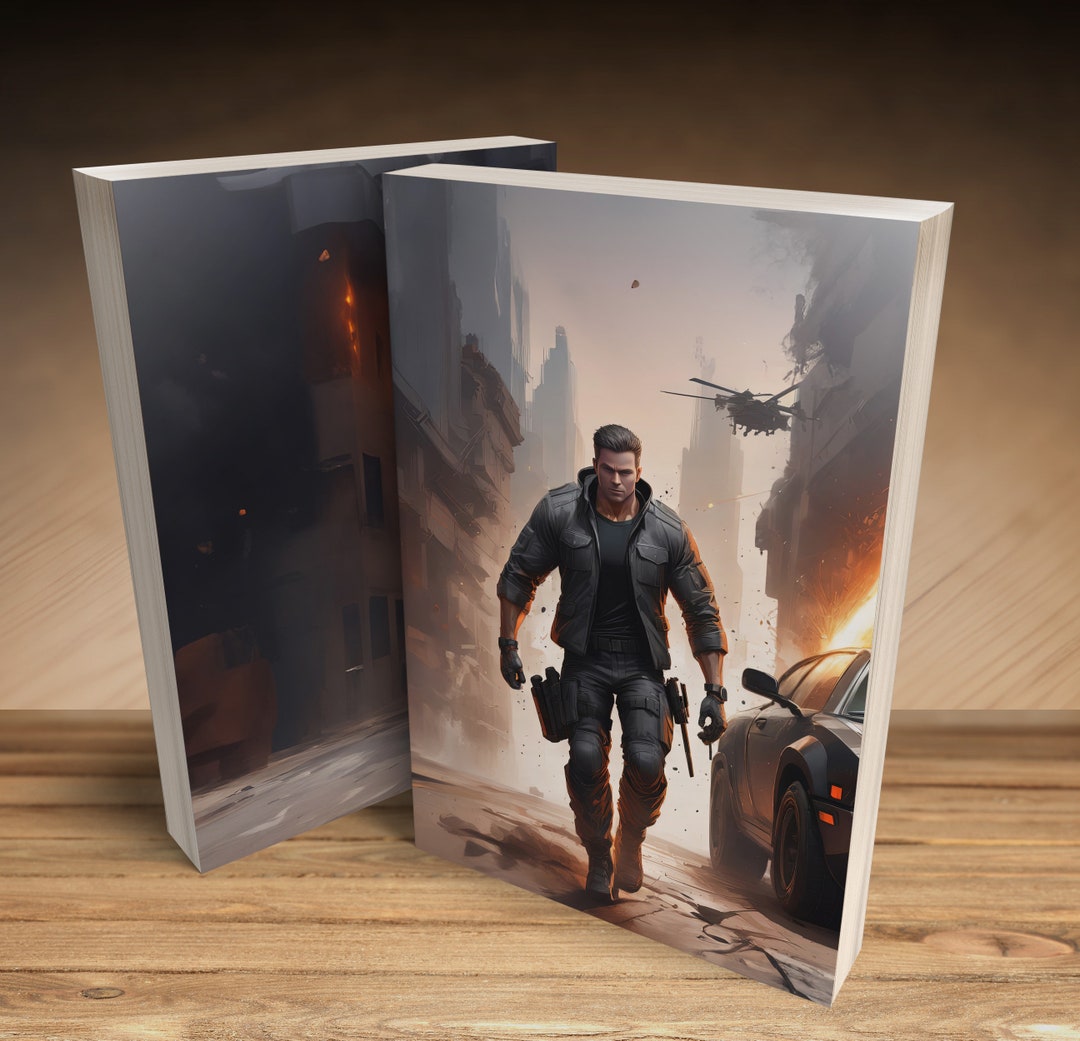 Custom Premade Action Book Cover Illustrated Man Hero in City With ...