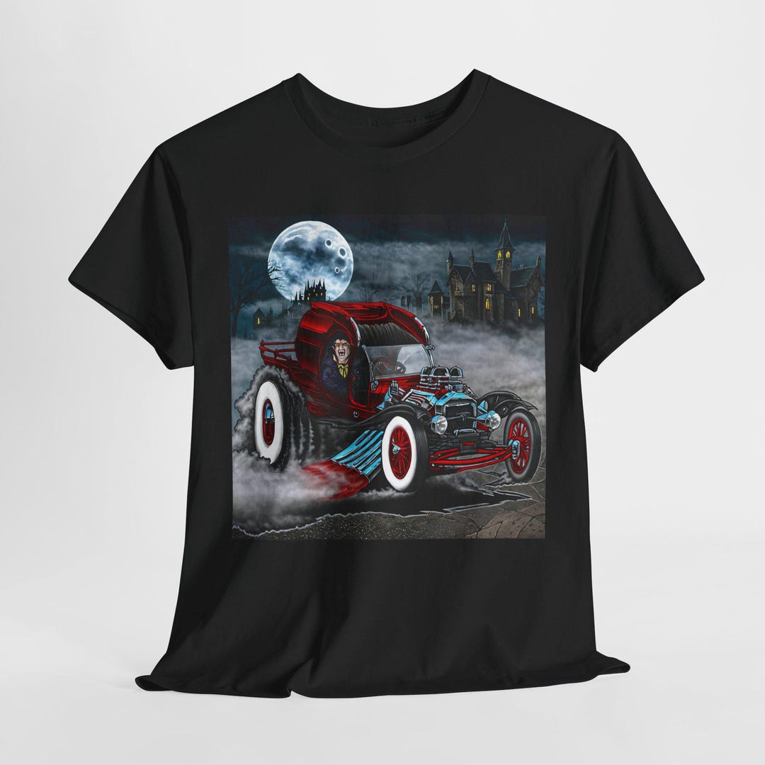 Caricature T-shirt Vampire Monster Driving a Custom Red Hot Rod Burning ...