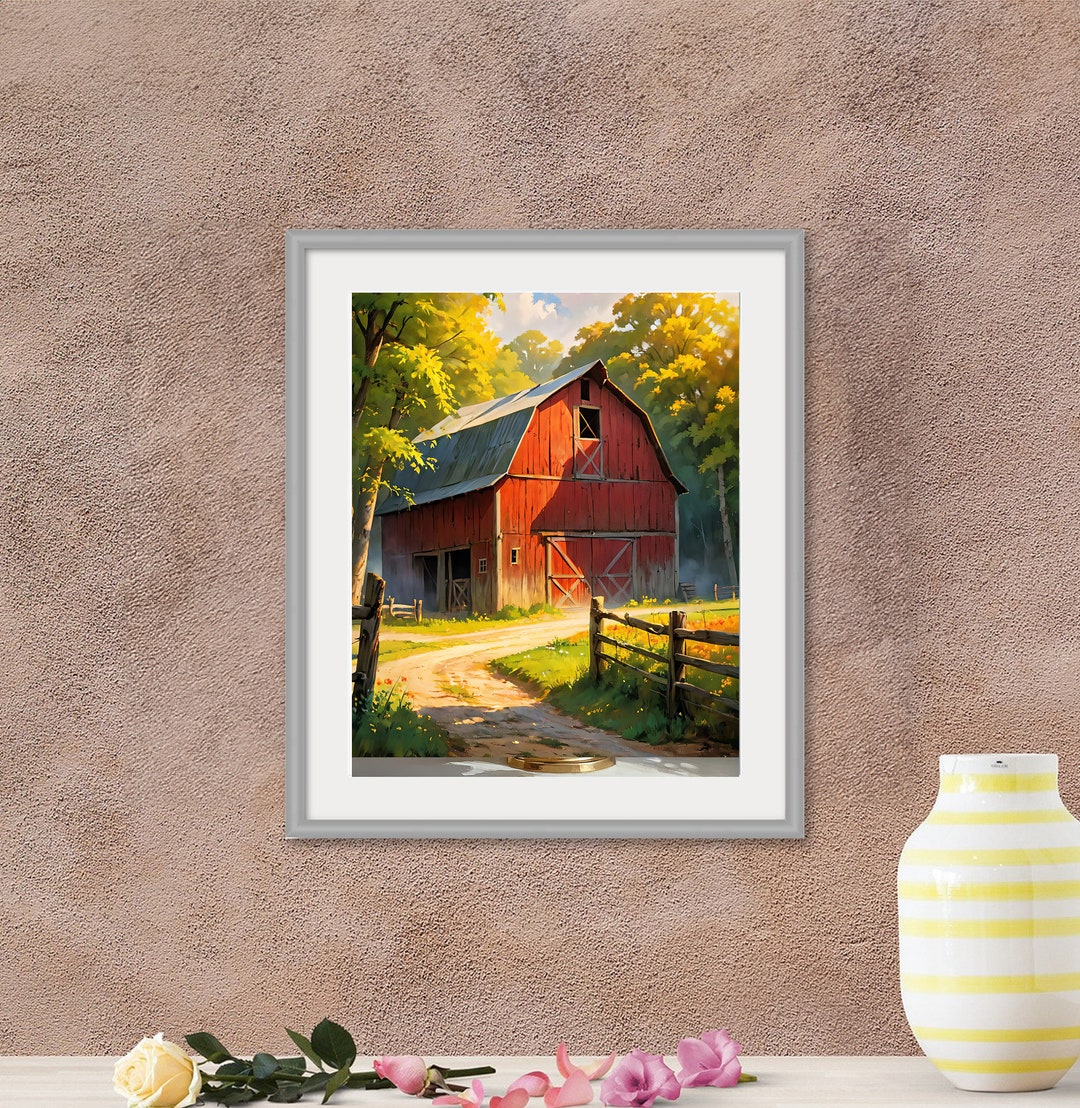 Painted Red Barn With Dirt Road in Forest Background Digital Download ...
