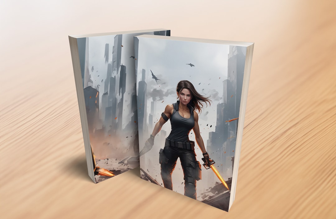 Custom Premade Action Book Cover Illustrated Woman Hero in City Debris ...
