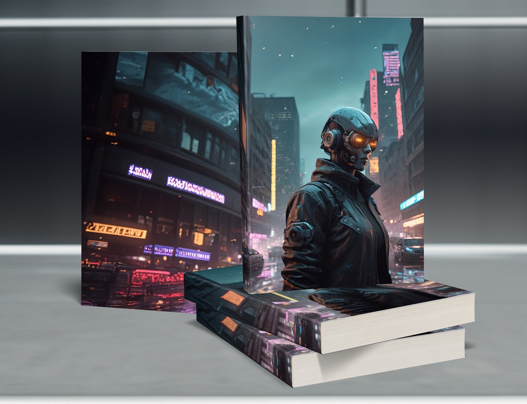 Custom Premade Science Fiction Cyberpunk Book Cover Illustrated Cyborg Woman in Leather Jacket ...