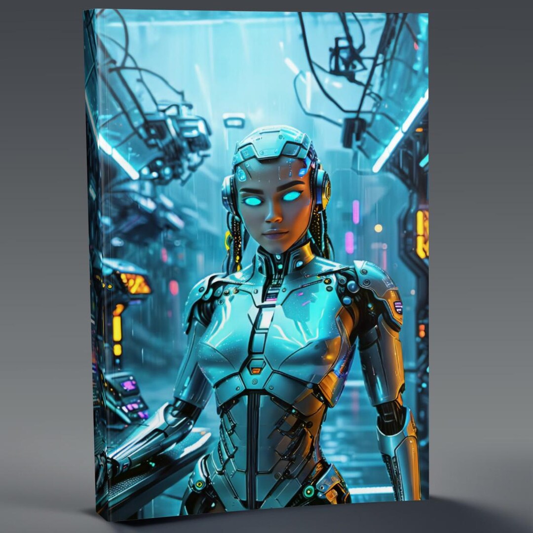 Premade Sci-fi Book Cover Cyborg Woman With Glowing Eyes in High-tech Laboratory 6x9 Size With ...