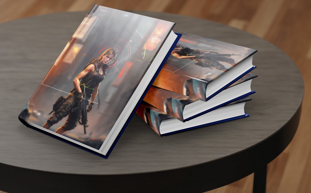 Custom Premade Action Book Cover Heroine Woman Hero With Weapon Amid ...