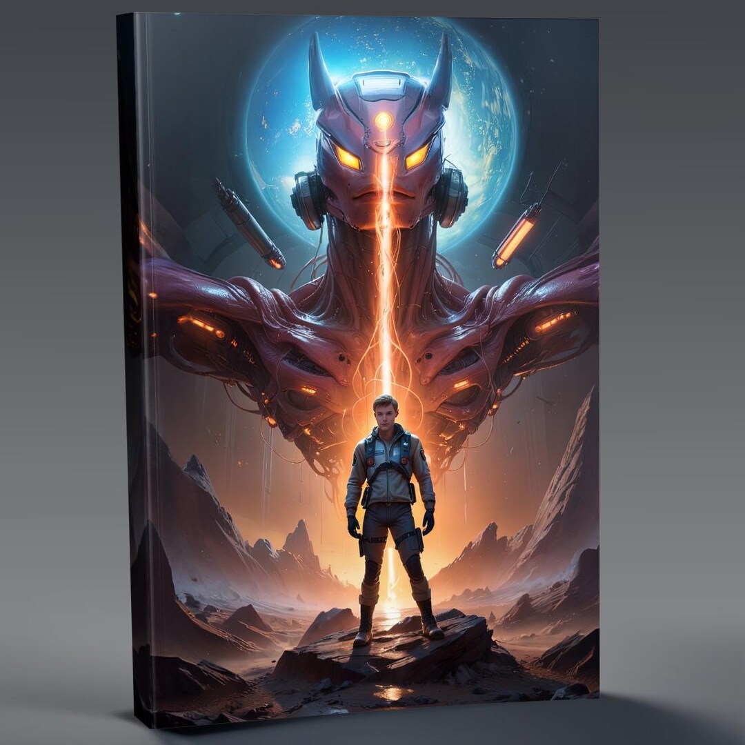 Premade Sci-fi Book Cover Man Standing Desolate Rocky Terrain Giant Alien Cyborg Floats in Sky ...