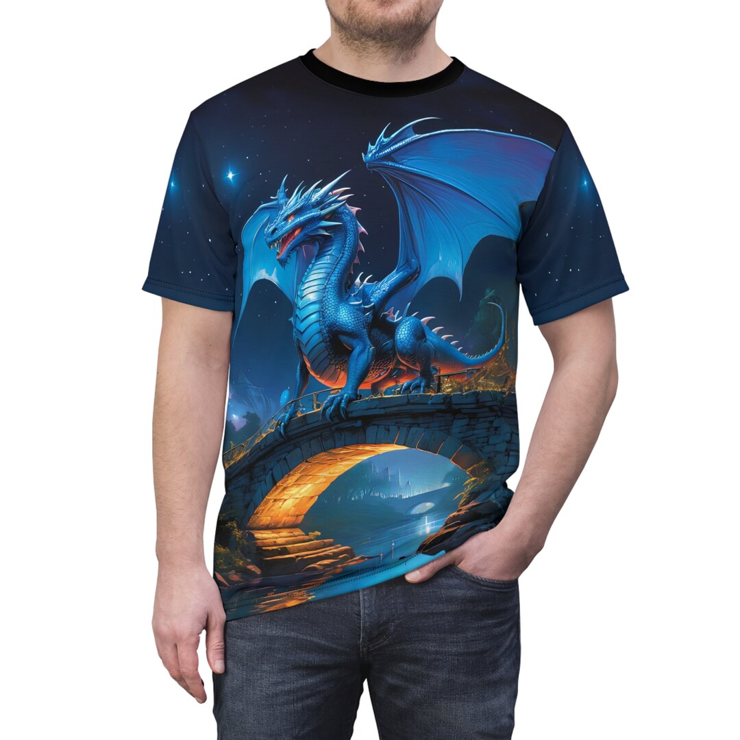 Illustrated Blue Dragon RPG T-shirt, Night Stone Bridge Scene, Perfect ...