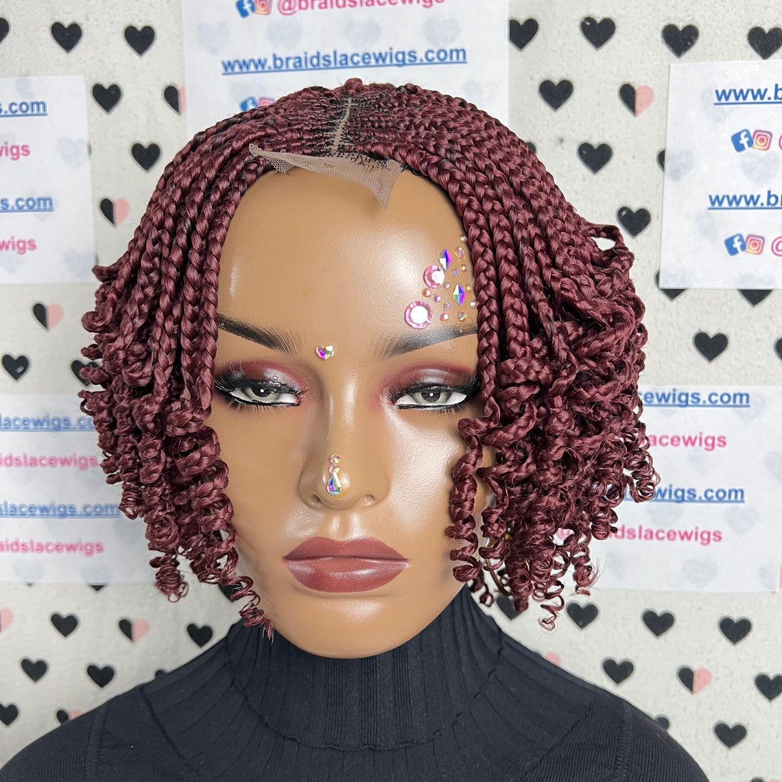 Burgundy Red Braided Wig: Cornrows Box Braids, Wavy Curls, 10 Inch - Etsy