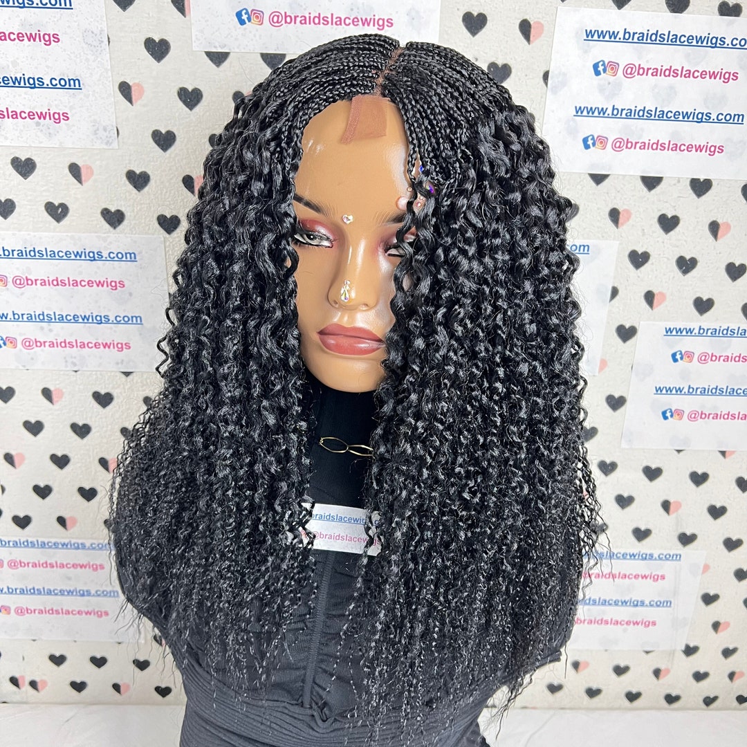 Braided Lace Wig, Wavy Curls Half Box Braids, Lace Closure Deep Part ...