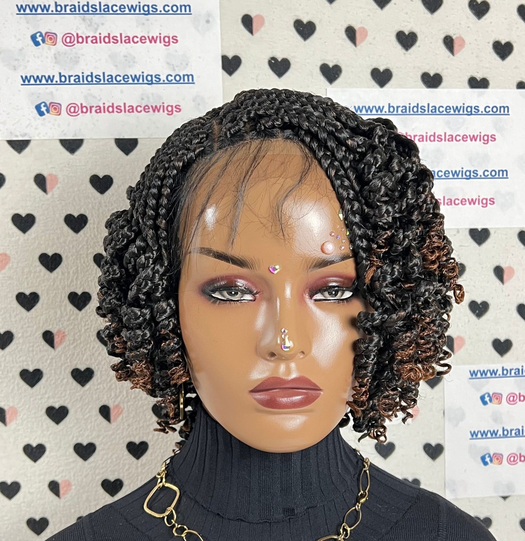 Handmade Box Braid Braided Lace Front Wig With Short Curly Ends Color ...