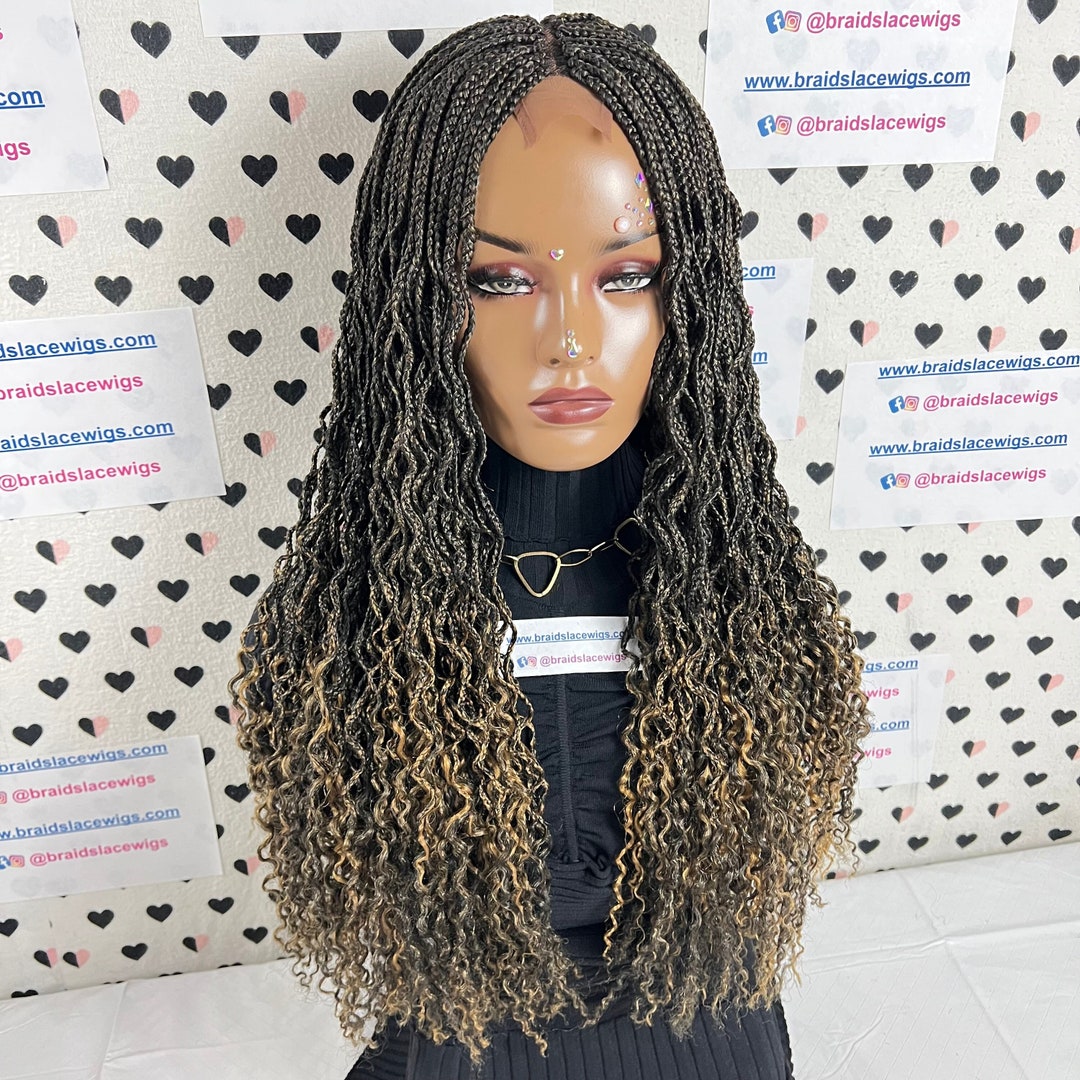 Wavy Curls Box Braid Braided Lace Front Frontal Wig With Curly Ends 1b ...