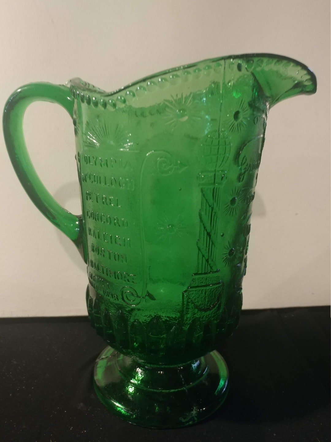 Vintage Early American Pressed Glass Pitcher. Green Glass. Celebrating ...
