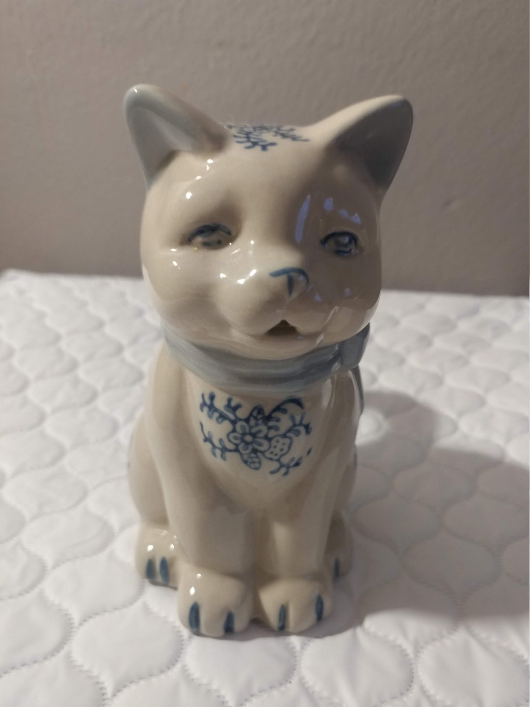 Vintage Ceramic Cat Shaped Creamer Pitcher With Delft Blue Floral Motif ...