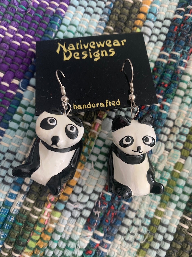 Vintage Panda Bear Dangle Earrings Artisan Hand Painted - Etsy