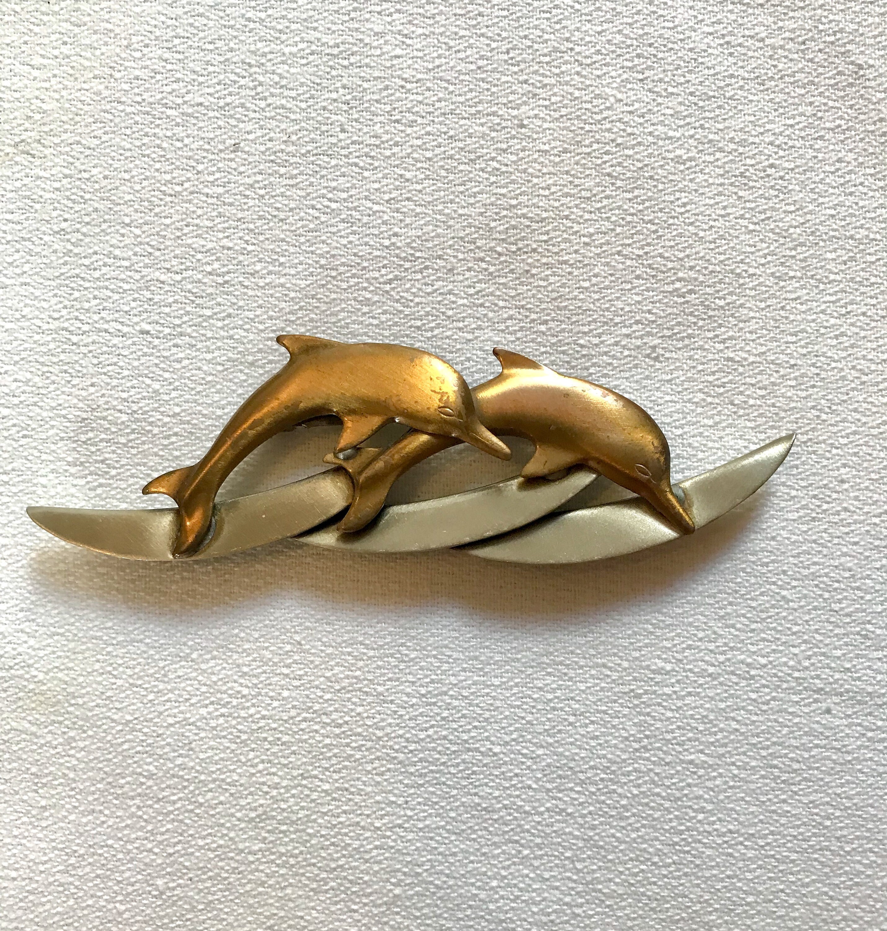 Auspicious Mid Century Double Dolphin Brooch, two tone dolphins jumping ...