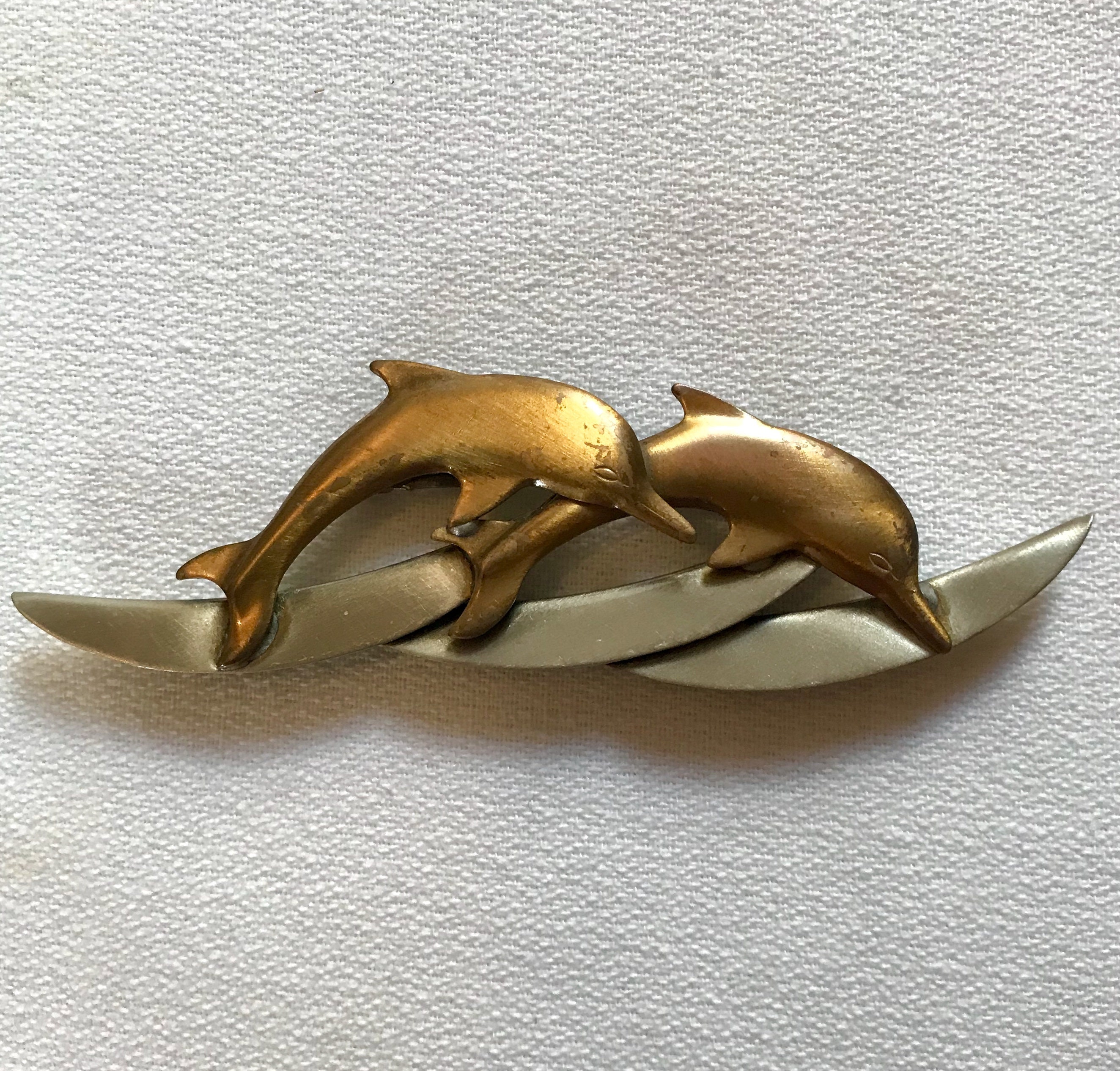 Auspicious Mid Century Double Dolphin Brooch, two tone dolphins jumping ...